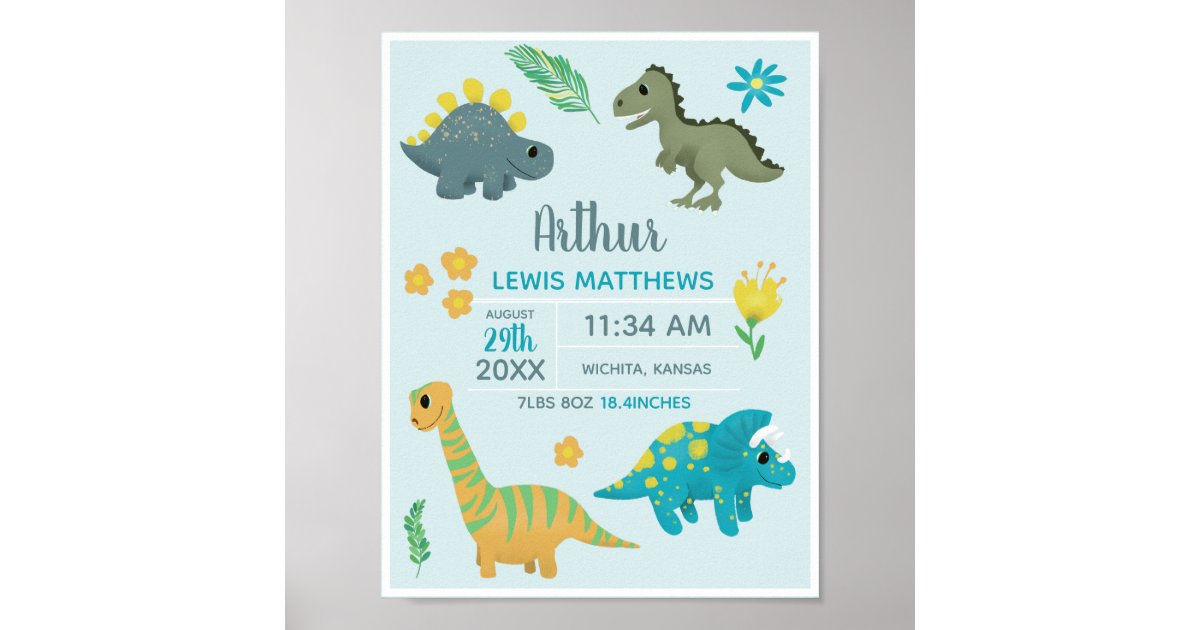 Boys Cute Blue Dinosaur Birth Stats Baby Nursery Poster | Zazzle