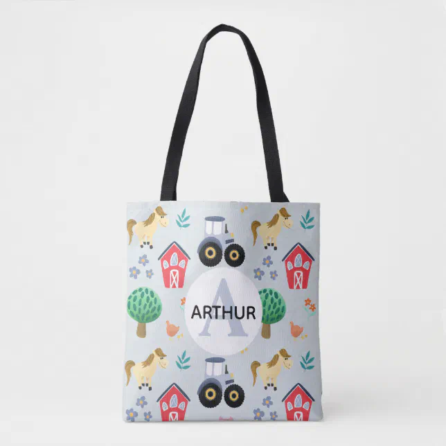 Boys Cute Blue Farm Animal Tractor Pattern Kids Tote Bag | Zazzle