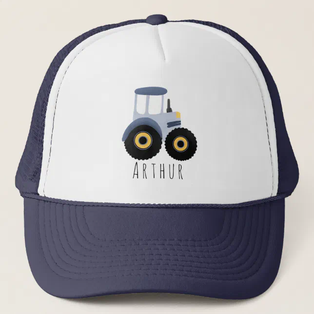Boys Cute Blue Farm Tractor and Name Kids Trucker Hat | Zazzle