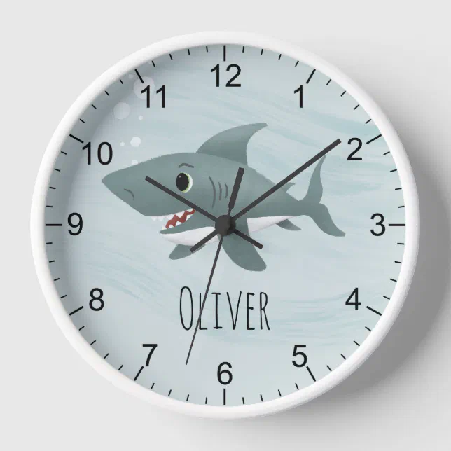 Boys Cute Blue Ocean Shark Kids Nursery Clock | Zazzle