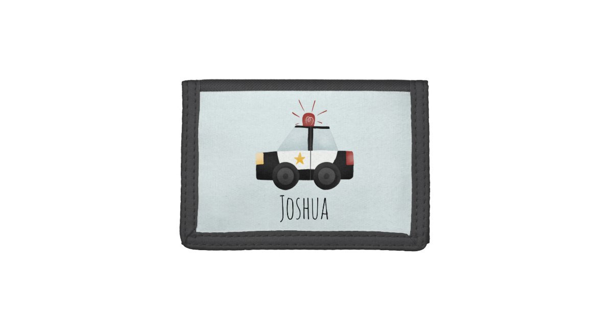 Boys Cute Blue Police Officer Car and Name Trifold Wallet | Zazzle