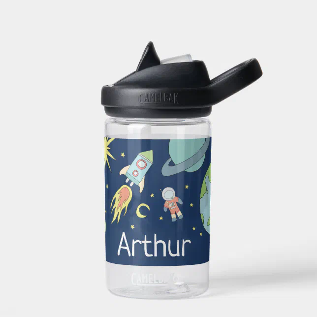 Boys Cute Blue Rocket Ship Space Kids School Water Bottle | Zazzle