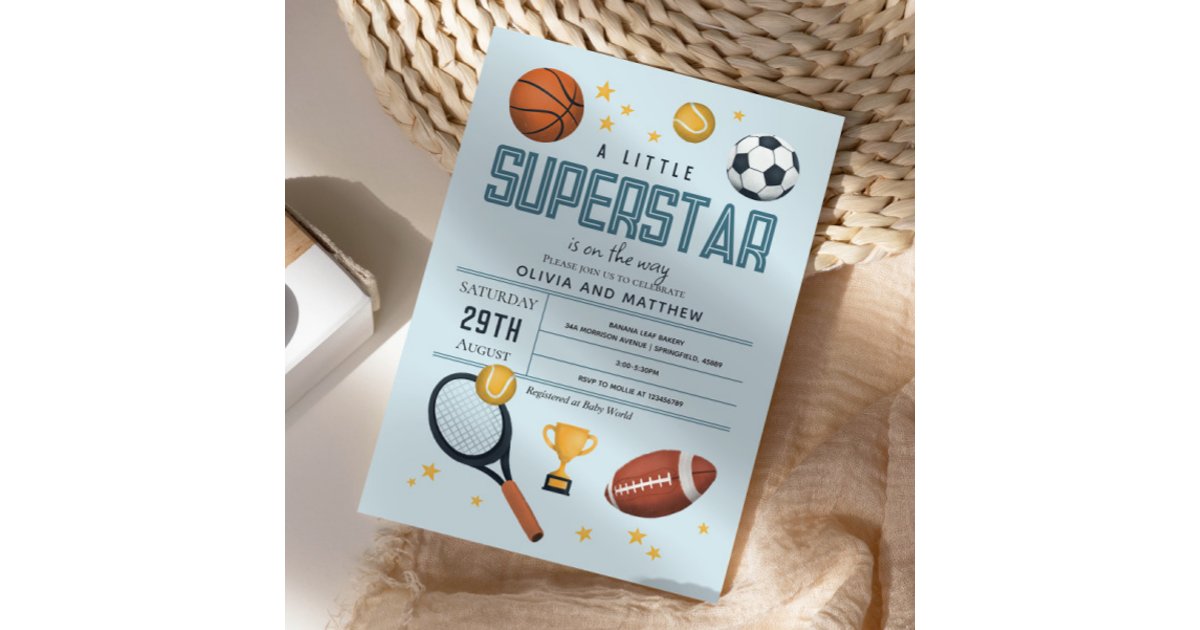 Boys Cute Blue Sports Superstar Baby Shower Invitation | Zazzle