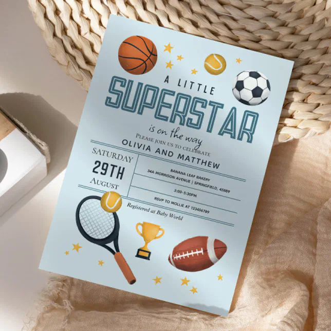 Boys Cute Blue Sports Superstar Baby Shower Invitation | Zazzle