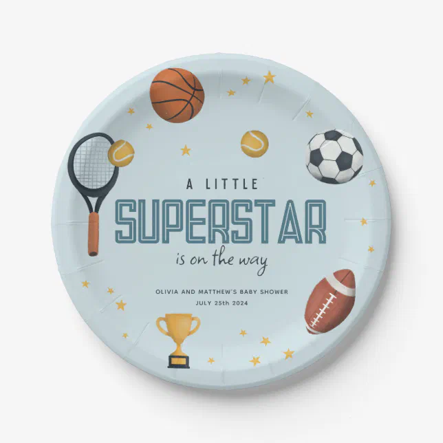 Boys Cute Blue Sports Superstar Baby Shower Paper Plates | Zazzle