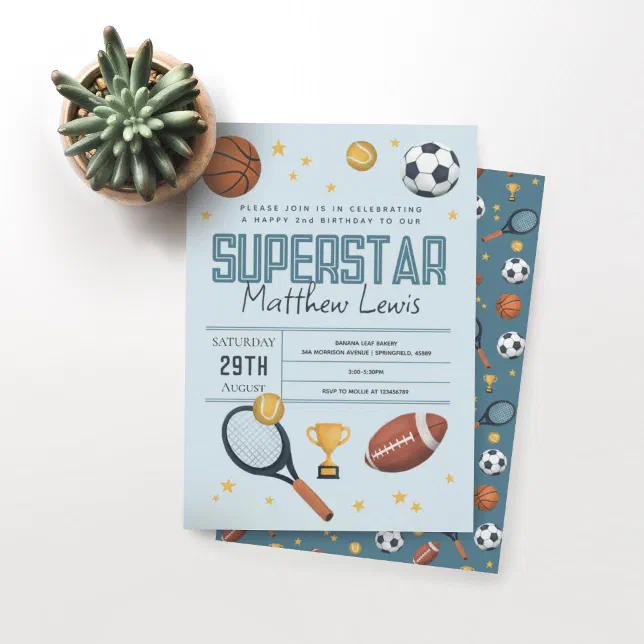 Boys Cute Blue Sports Superstar Kids 2nd Birthday Invitation | Zazzle