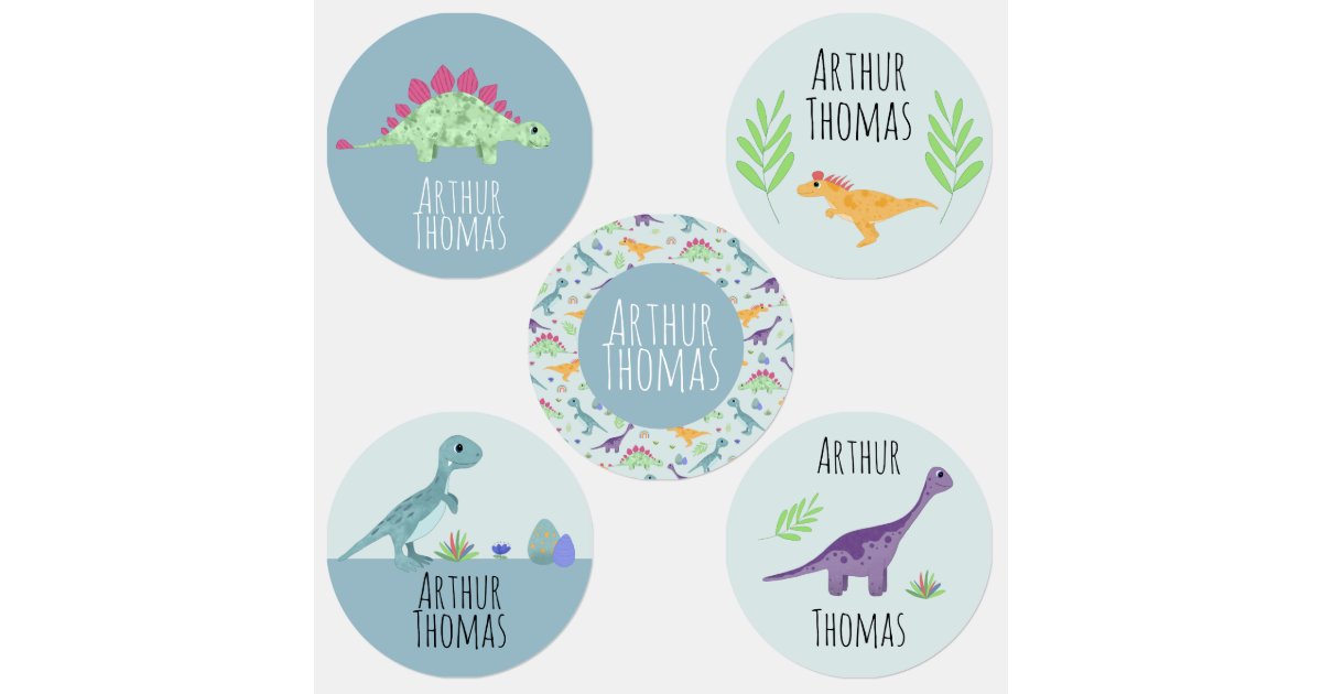 Boys Cute Blue T-Rex Dinosaur Cartoon Name School Kids' Labels | Zazzle