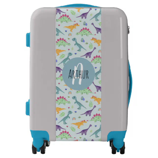 Boys Cute Blue T-Rex Dinosaur Pattern & Name Kids Luggage | Zazzle