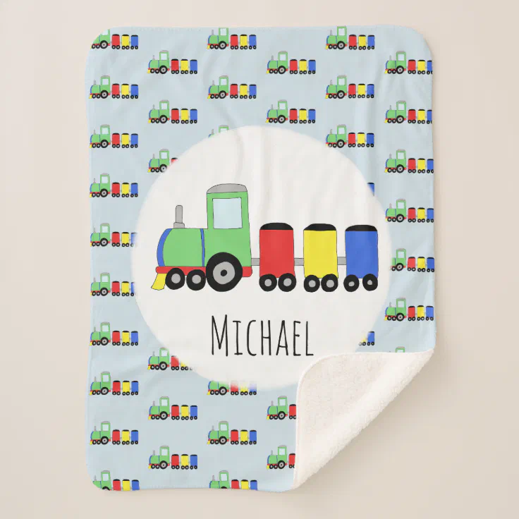 Boys Cute Blue Train Pattern with Name Kids Sherpa Blanket | Zazzle