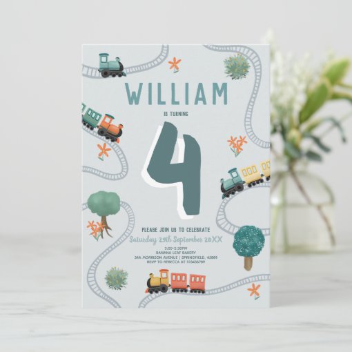 Boys Cute Blue Train Travel Kids Birthday Invitation | Zazzle