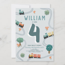 Boys Cute Blue Train Travel Kids Birthday Invitation | Zazzle