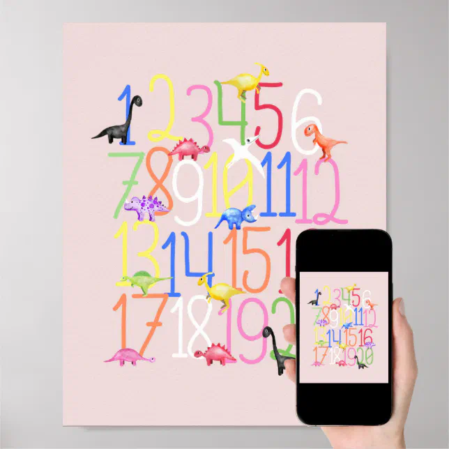 Boys Cute Dinosaur 1-20 Kids Numbers Nursery Poster | Zazzle
