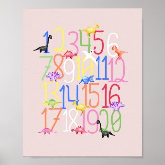 Boys Cute Dinosaur 1-20 Kids Numbers Nursery Poster | Zazzle