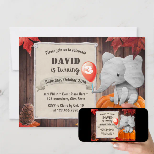 Boys Cute Elephant Autumn Pumpkin Birthday Party Invitation | Zazzle