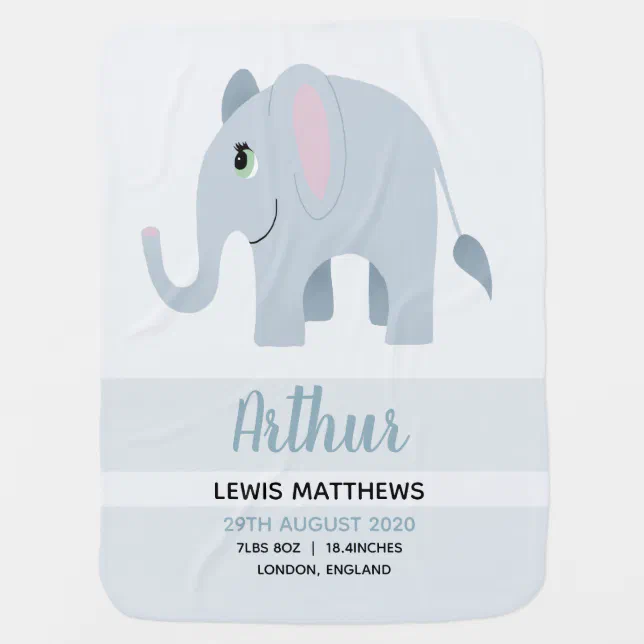 Boys Cute Elephant Birth Stats & Name Baby Blanket | Zazzle