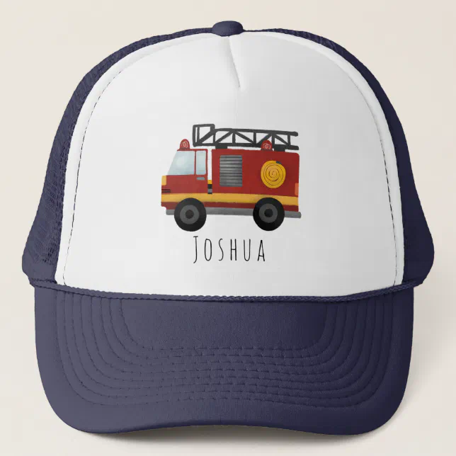 Boys Cute Firefighter Fire Engine and Name Kids Trucker Hat | Zazzle