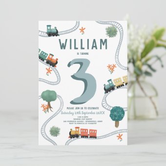 Boys Cute Modern Blue Train Travel Kids Birthday Invitation | Zazzle