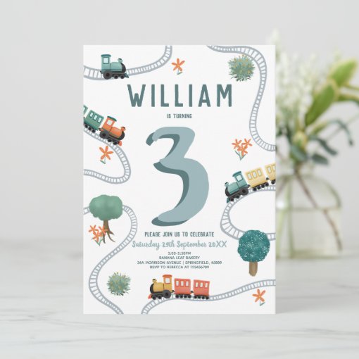 Boys Cute Modern Blue Train Travel Kids Birthday Invitation | Zazzle