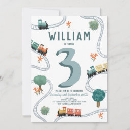 Boys Cute Modern Blue Train Travel Kids Birthday Invitation | Zazzle
