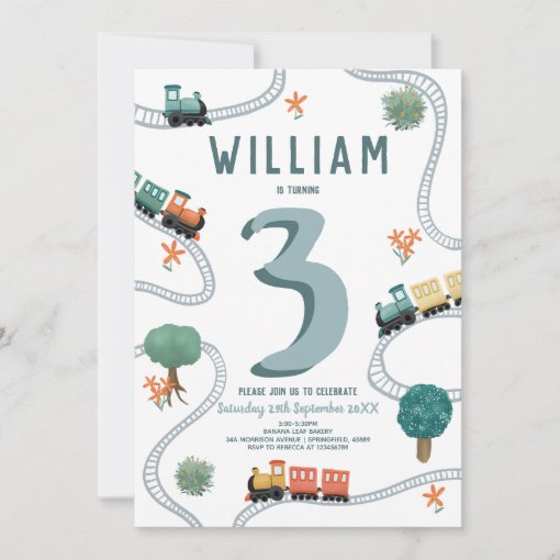 Boys Cute Modern Blue Train Travel Kids Birthday Invitation | Zazzle
