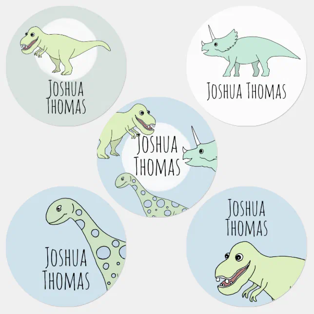 Boys Cute Modern Dinosaur Trex Cartoon and Name Kids' Labels | Zazzle