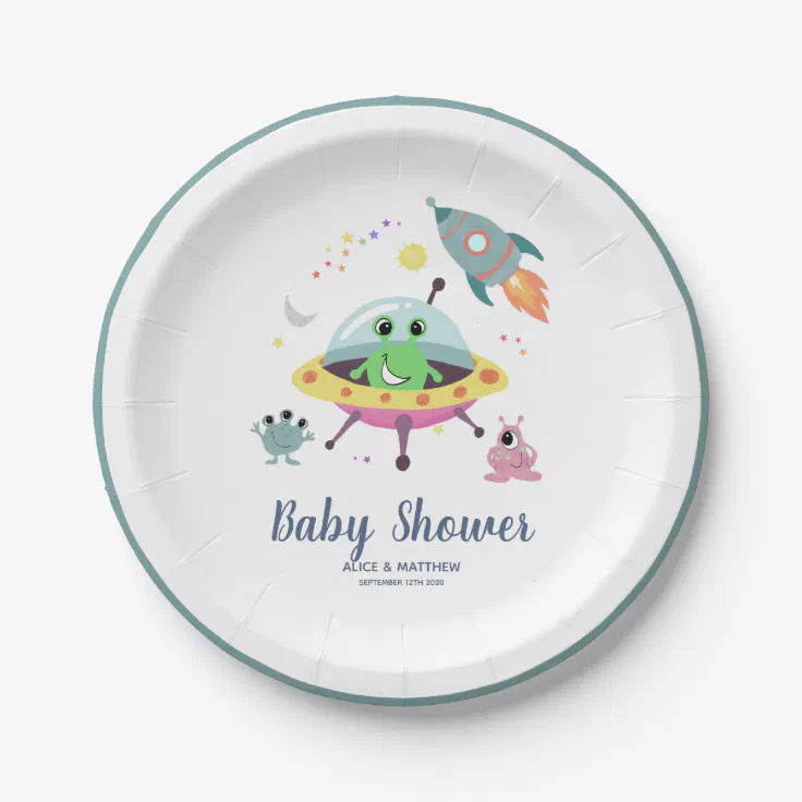 Boys Cute & Modern Space Alien Baby Shower Paper Plates | Zazzle
