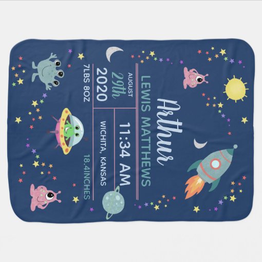 Boys Cute Modern Space Alien Birth Stats & Name Baby Blanket | Zazzle