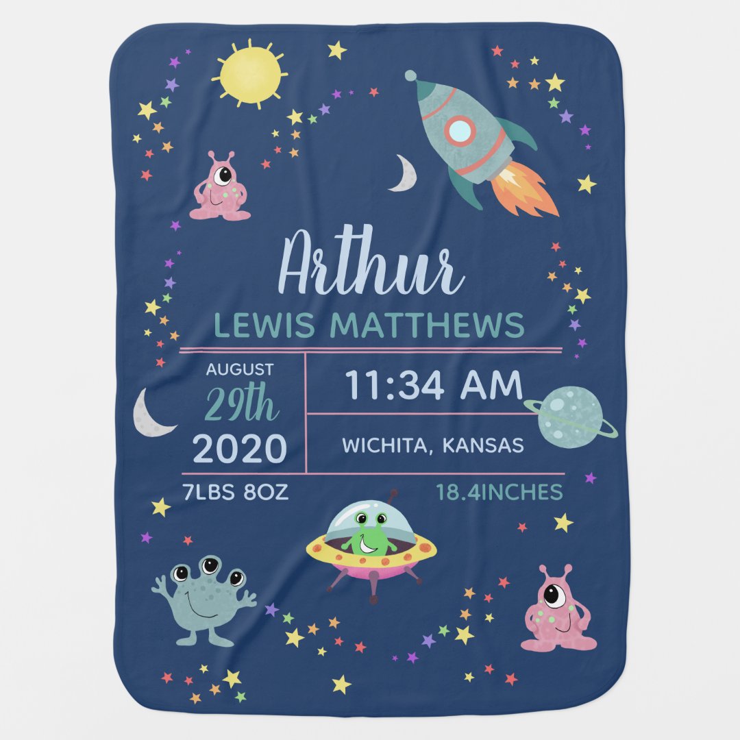 Boys Cute Modern Space Alien Birth Stats & Name Baby Blanket | Zazzle