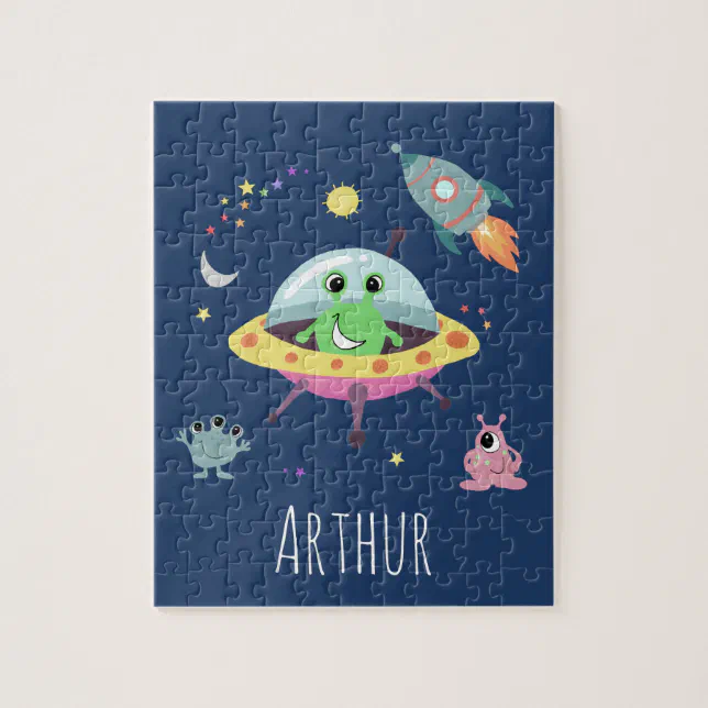 Boys Cute Modern Space Alien Cartoon & Name Kids Jigsaw Puzzle | Zazzle