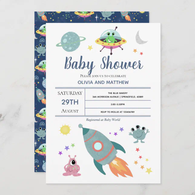 Boys Cute Modern Space Alien Rocket Baby Shower Invitation | Zazzle