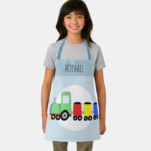 Boys Cute Modern Train & Name Kids Apron | Zazzle