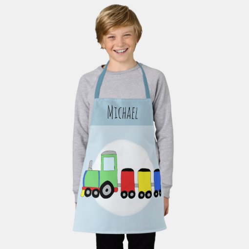 Boys Cute Modern Train & Name Kids Apron | Zazzle
