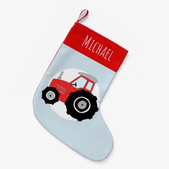 Boys Cute Red Tractor Doodle and Name Small Christmas Stocking | Zazzle
