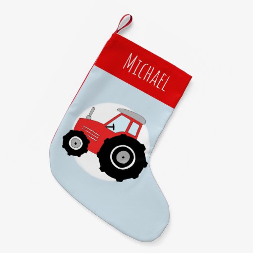 Boys Cute Red Tractor Doodle and Name Small Christmas Stocking | Zazzle