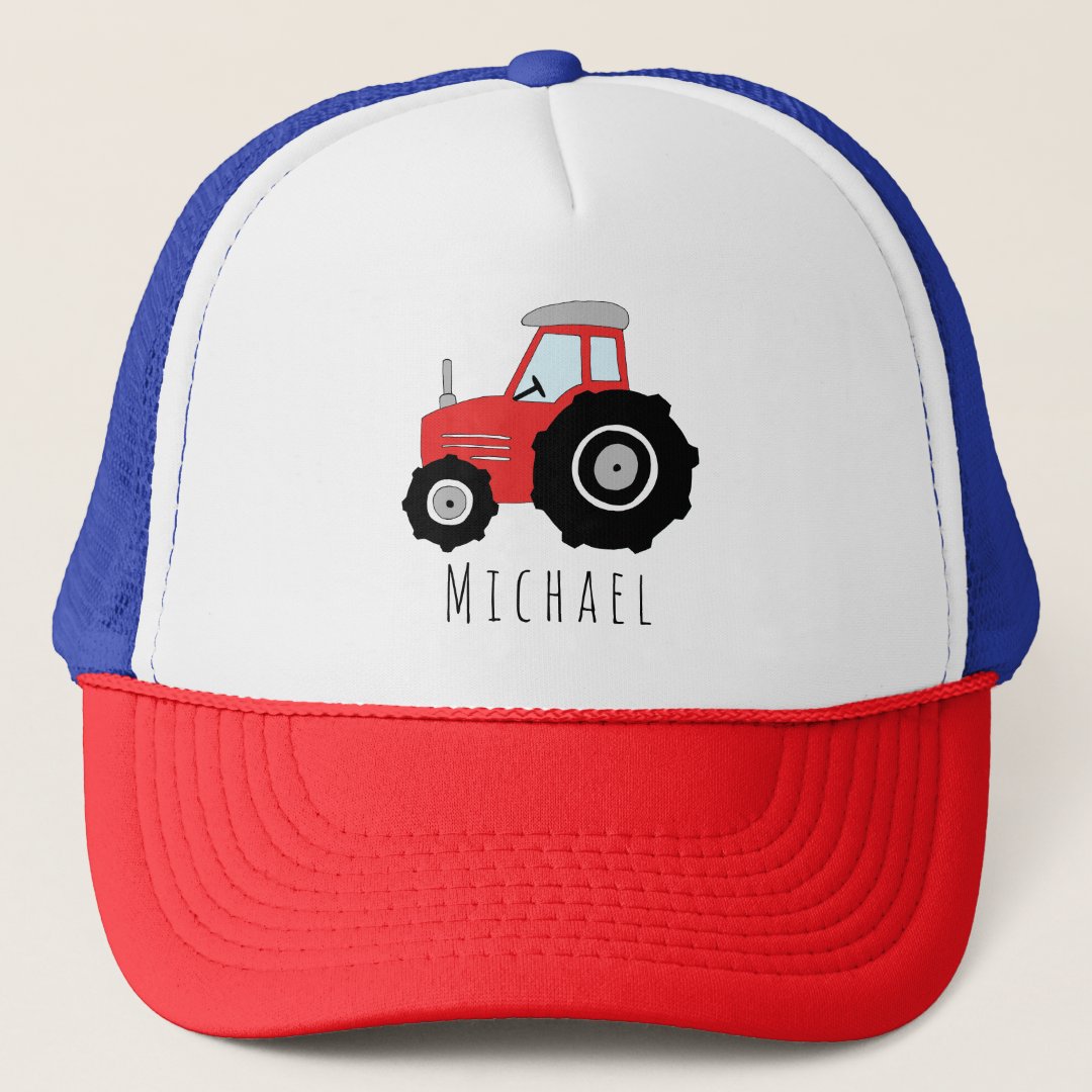 Boys Cute Red Tractor Farm and Name Kids Trucker Hat | Zazzle