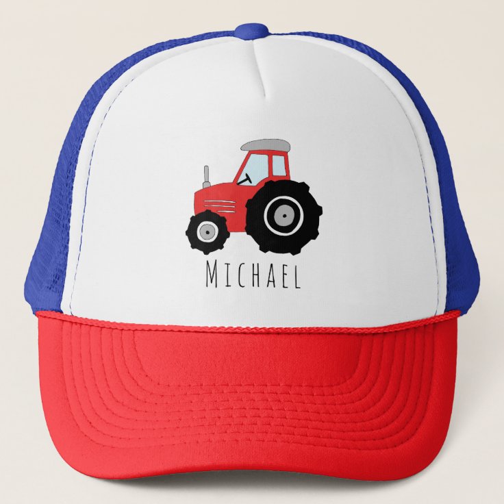 Boys Cute Red Tractor Farm and Name Kids Trucker Hat | Zazzle