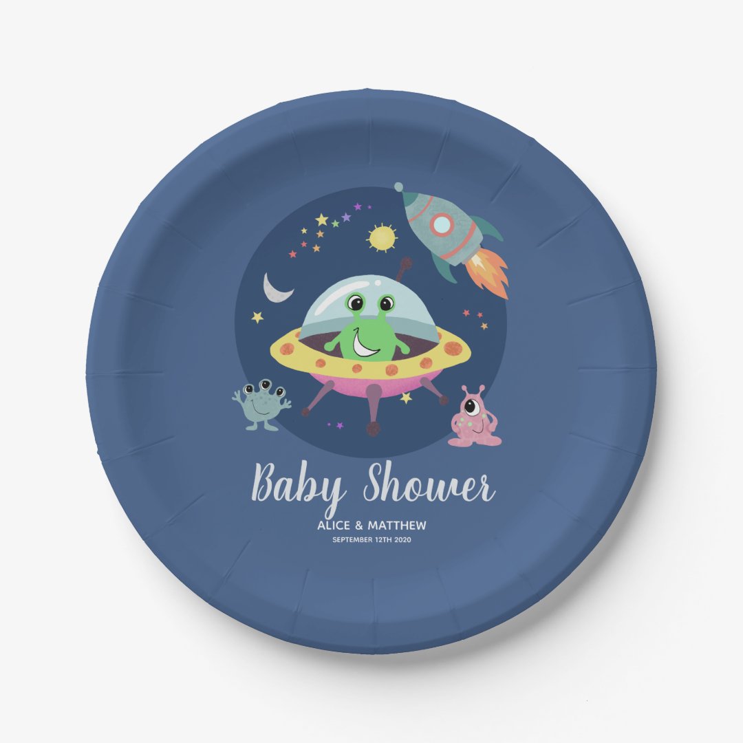 Boys Cute Space Alien Baby Shower Paper Plate | Zazzle