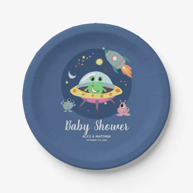 Boys Cute Space Alien Baby Shower Paper Plate | Zazzle