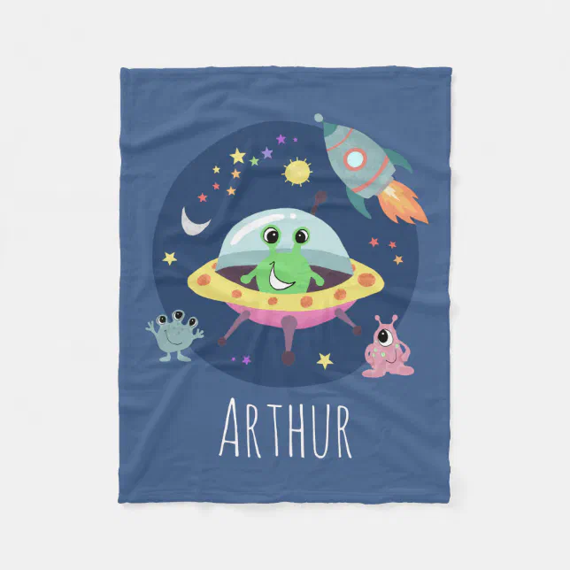 Boys Cute Space Alien Rocket Cartoon & Name Kids Fleece Blanket | Zazzle