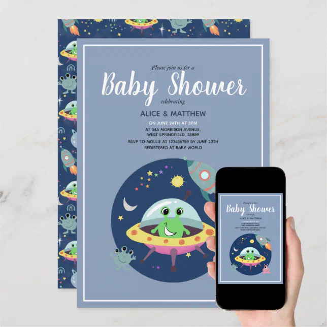 Boys Cute Space Alien Rocket Ship Baby Shower Invitation | Zazzle