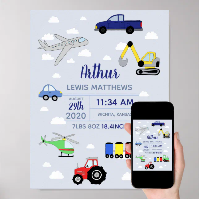Boys Cute Transport Car Train Baby Nursery Poster | Zazzle