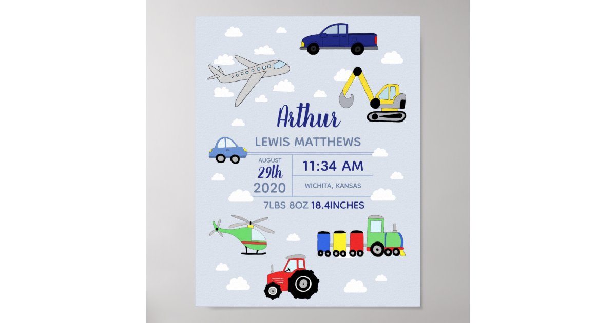 Boys Cute Transport Car Train Baby Nursery Poster | Zazzle