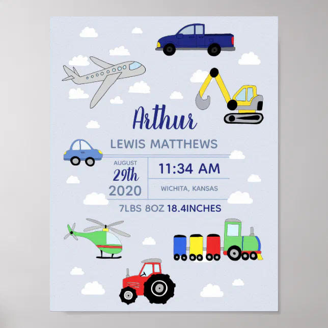 Boys Cute Transport Car Train Baby Nursery Poster | Zazzle