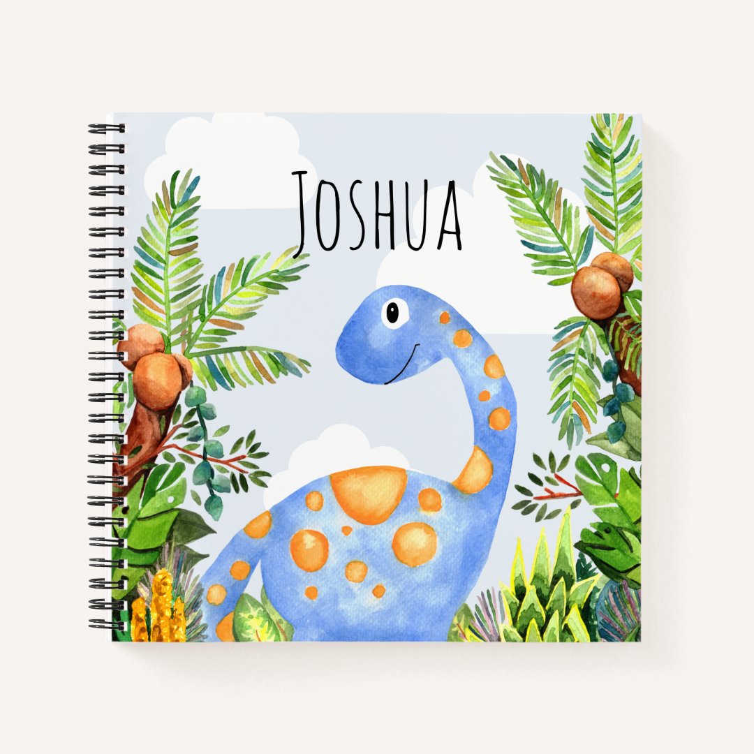 Boys Cute Watercolor Dinosaur and Name Notebook | Zazzle