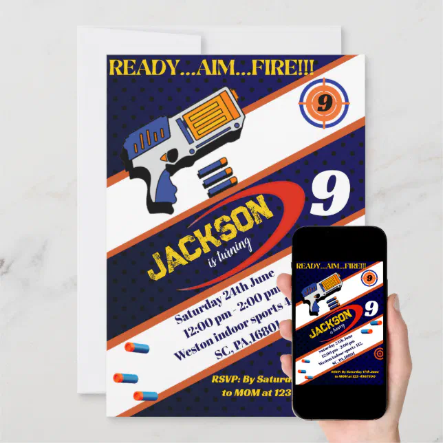 Boys Dart Gun Birthday Party Invitation | Zazzle