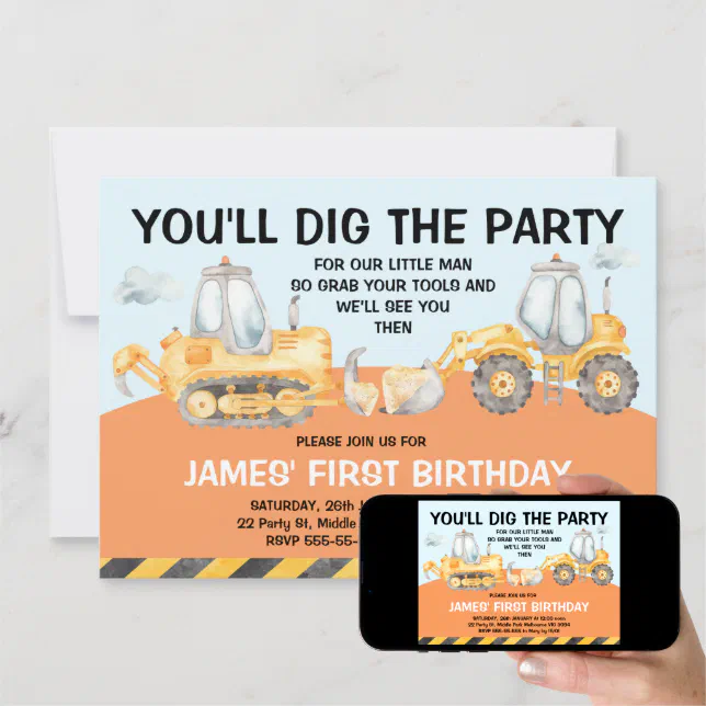 Boys Excavator First Birthday Party Invitation | Zazzle