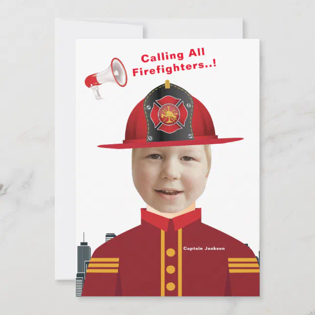 Boys Face in Hole Firefighter Photo Birthday Invitation | Zazzle