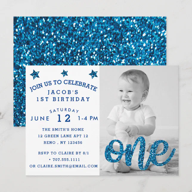 Boys First Birthday Blue Glitter Photo Invitation | Zazzle