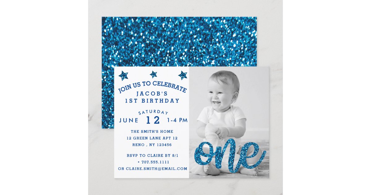 Boys First Birthday Blue Glitter Photo Invitation | Zazzle