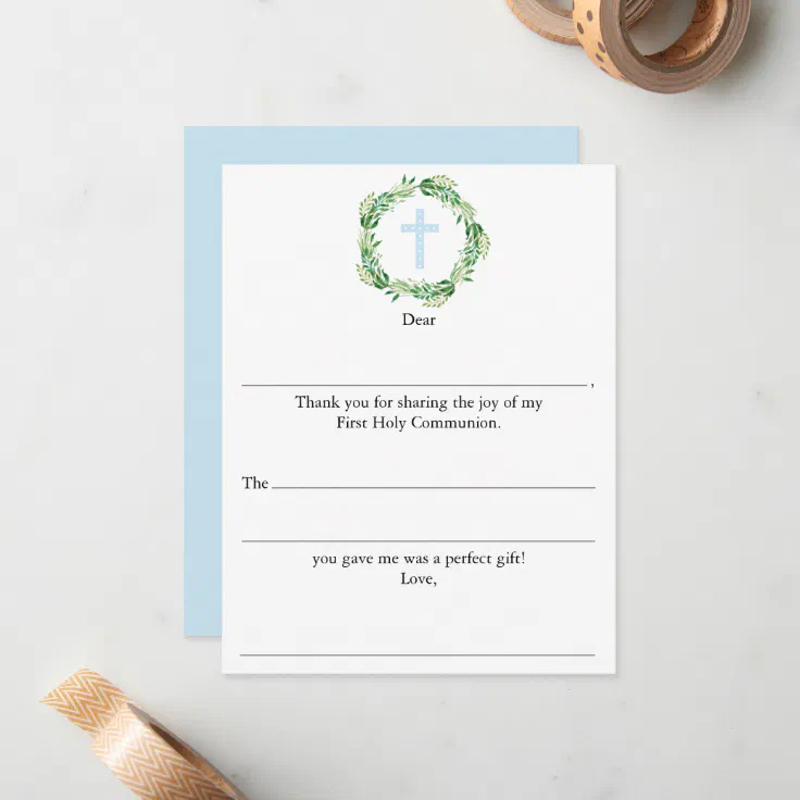 Boys First Holy Communion Fill In Thank You Note Card | Zazzle